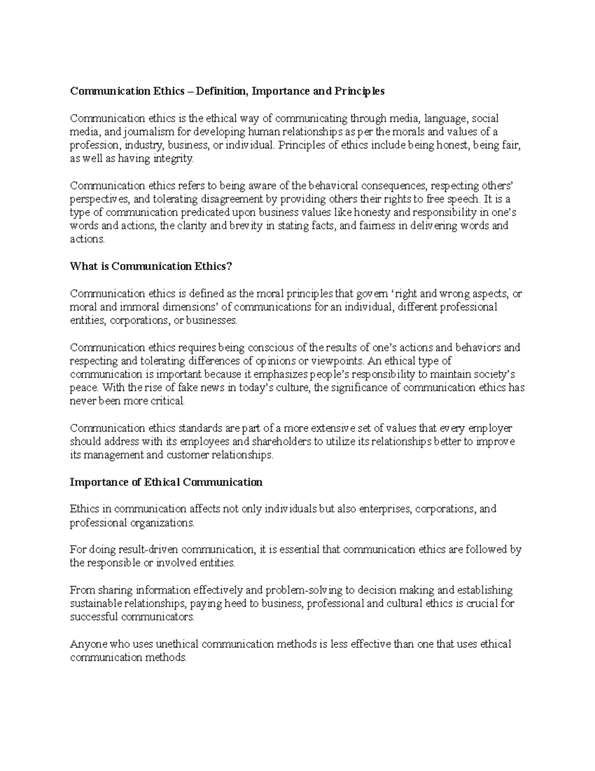 Communication Ethics: Definitions, Importance, and Principles - Studocu