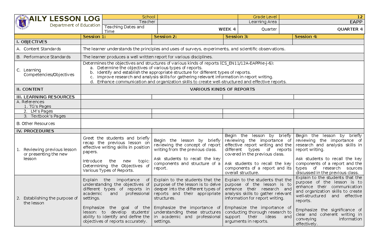 EAPP Q4 W4 - Daily Lesson Log on Report Writing Objectives - Studocu
