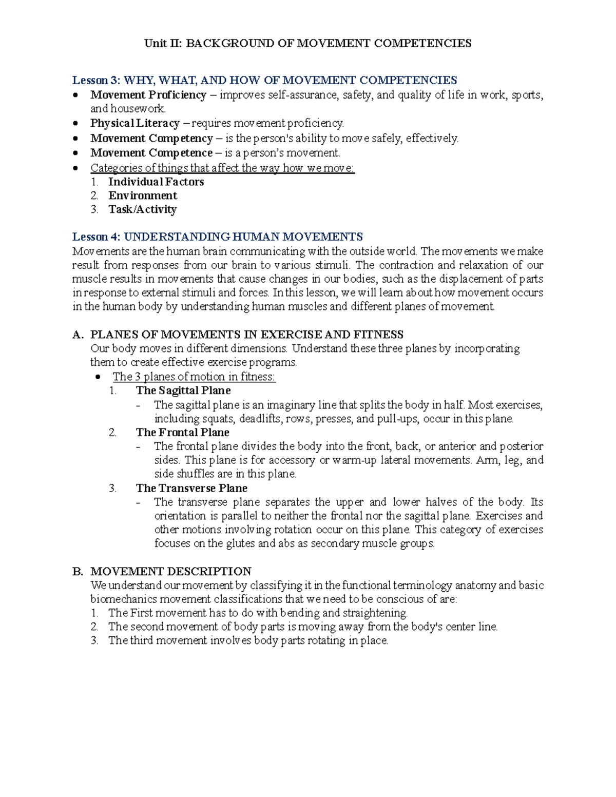 Unit II: Background of Movement Competencies - Understanding Human ...