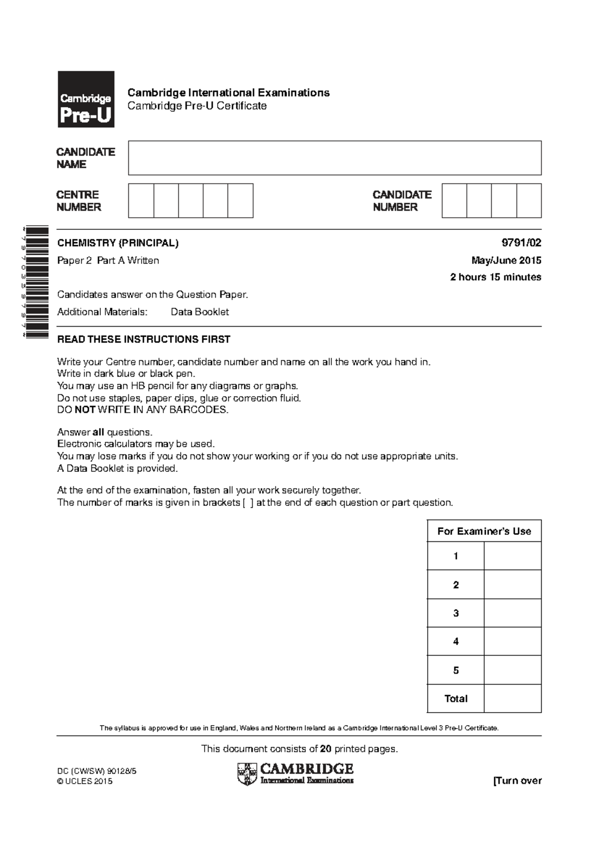 9791 S15 Chemistry Paper 2 - Principal Exam Questions - Studocu
