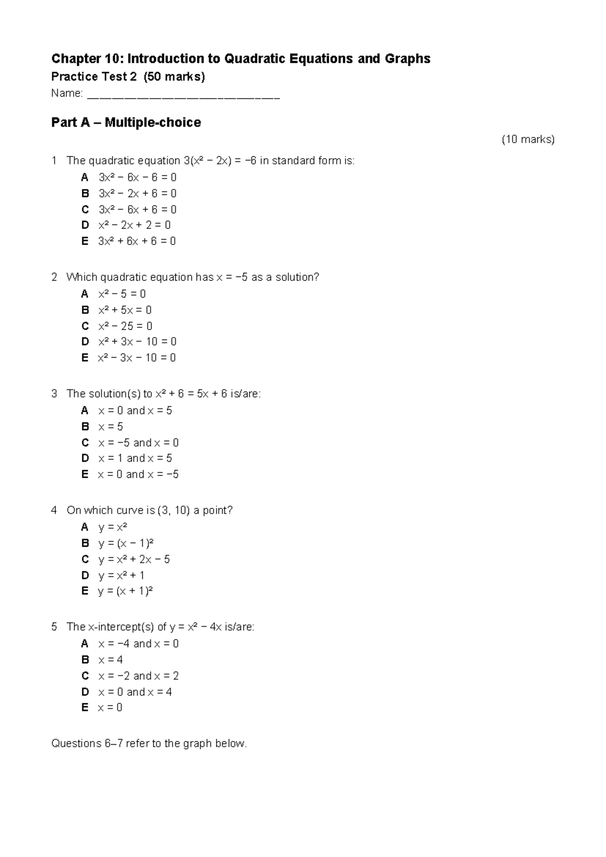 Chapter 10: Quadratic Equations & Graphs Practice Test 2 (50 Marks ...