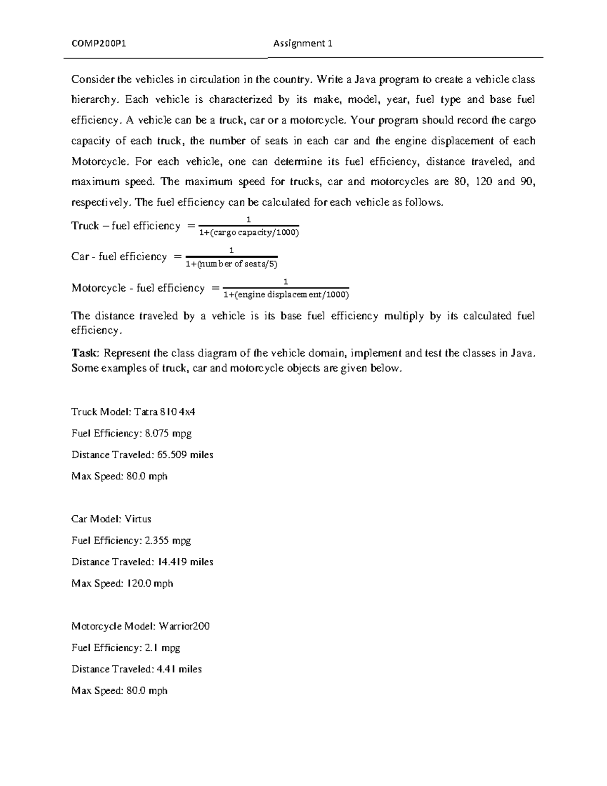 COMP200P1 Assignment 1: Java Vehicle Class Hierarchy Design - Studocu