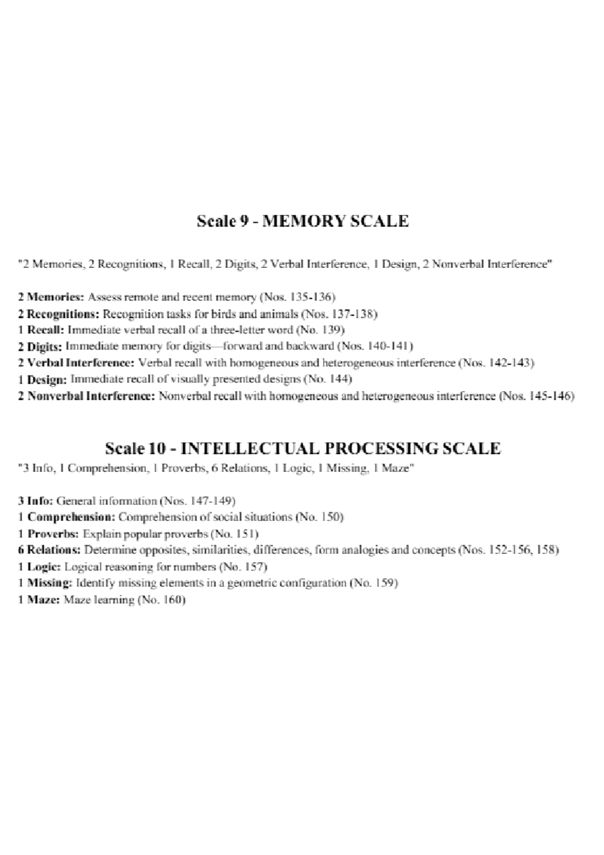 Scale 9 Memory, Intellectual Processing, Expressive Speech, Reading ...