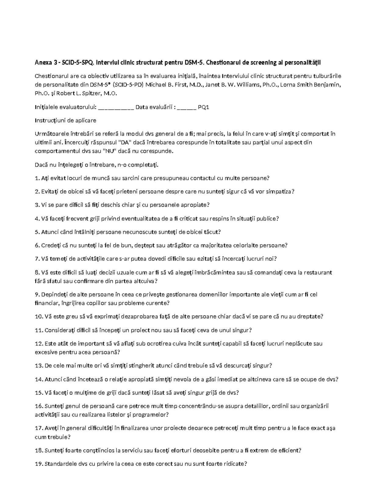 Chestionar SCID V SPQ - Anexa 3 - SCID-5-SPQ. Interviul clinic ...