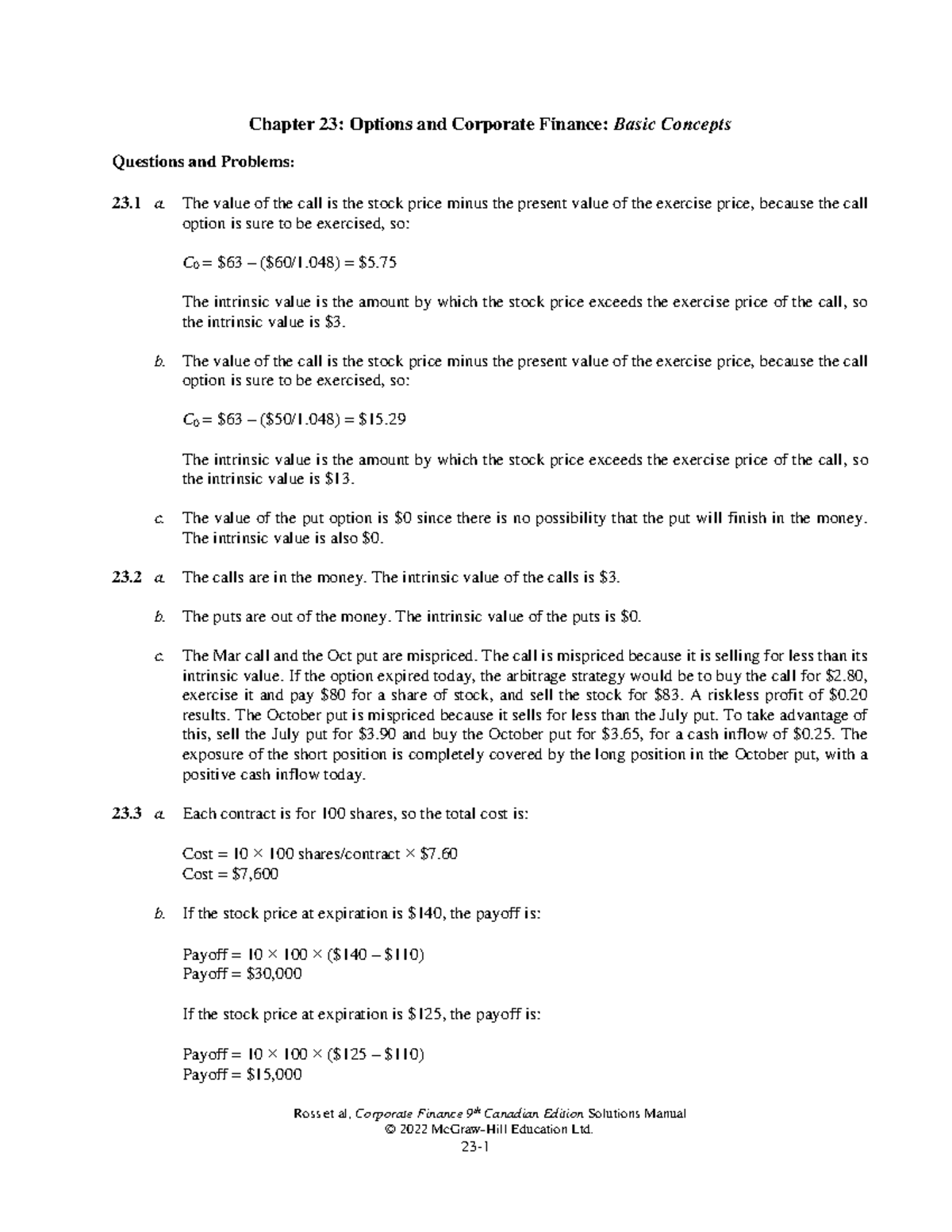 Chapter 23 Solutions: Options and Corporate Finance Concepts Explained ...