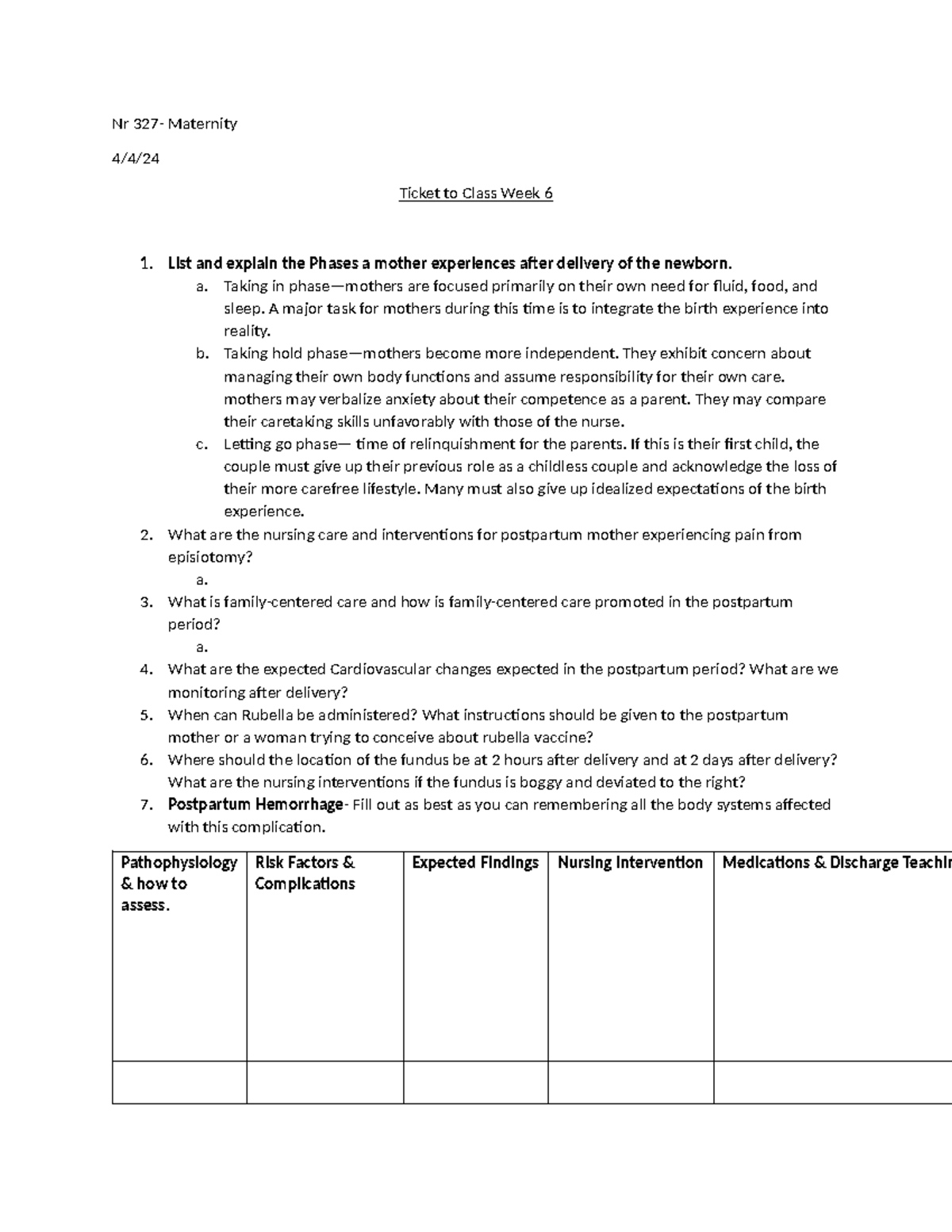Maternity Nursing Notes - Postpartum Phases & Care (Nr 327) - Studocu