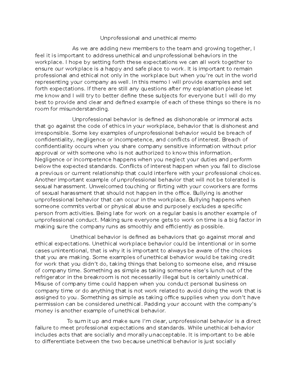 Unprofessional and Unethical Workplace Memo: Key Expectations and ...