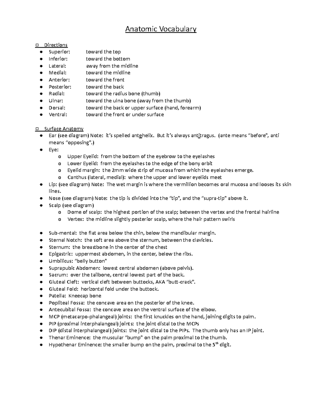 Anatomic Vocabulary: Directions & Surface Anatomy Overview - Studocu