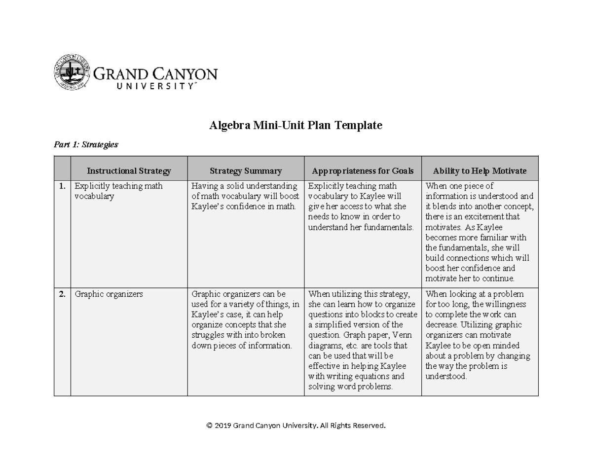 SPD-470 Final Exam Algebra Mini-Unit Plan for 7th Grade Students - Studocu