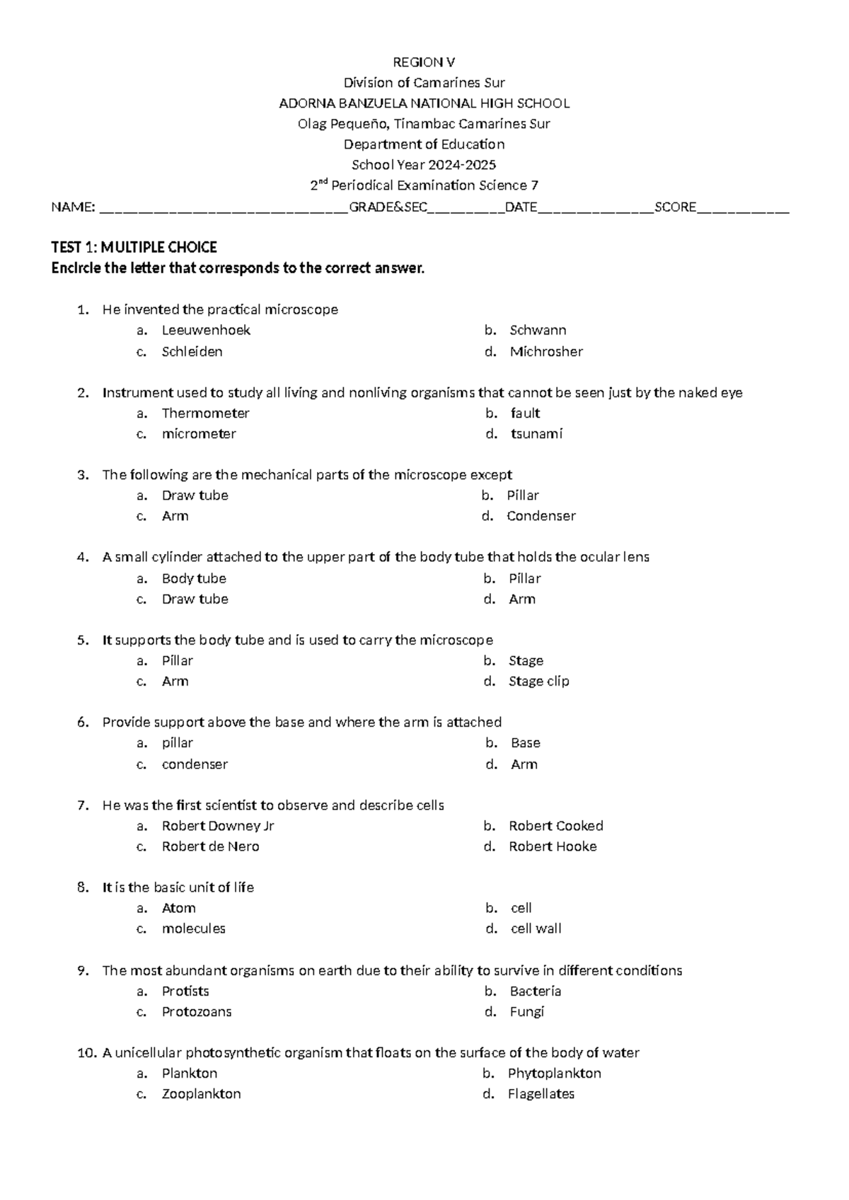 Science 7 2nd Quarter Periodical Exam: Multiple Choice & Enumeration ...