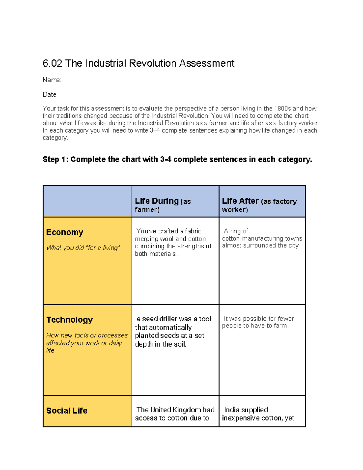 6.02 Industrial Revolution Assessment: Changing Lives in the 1800s ...