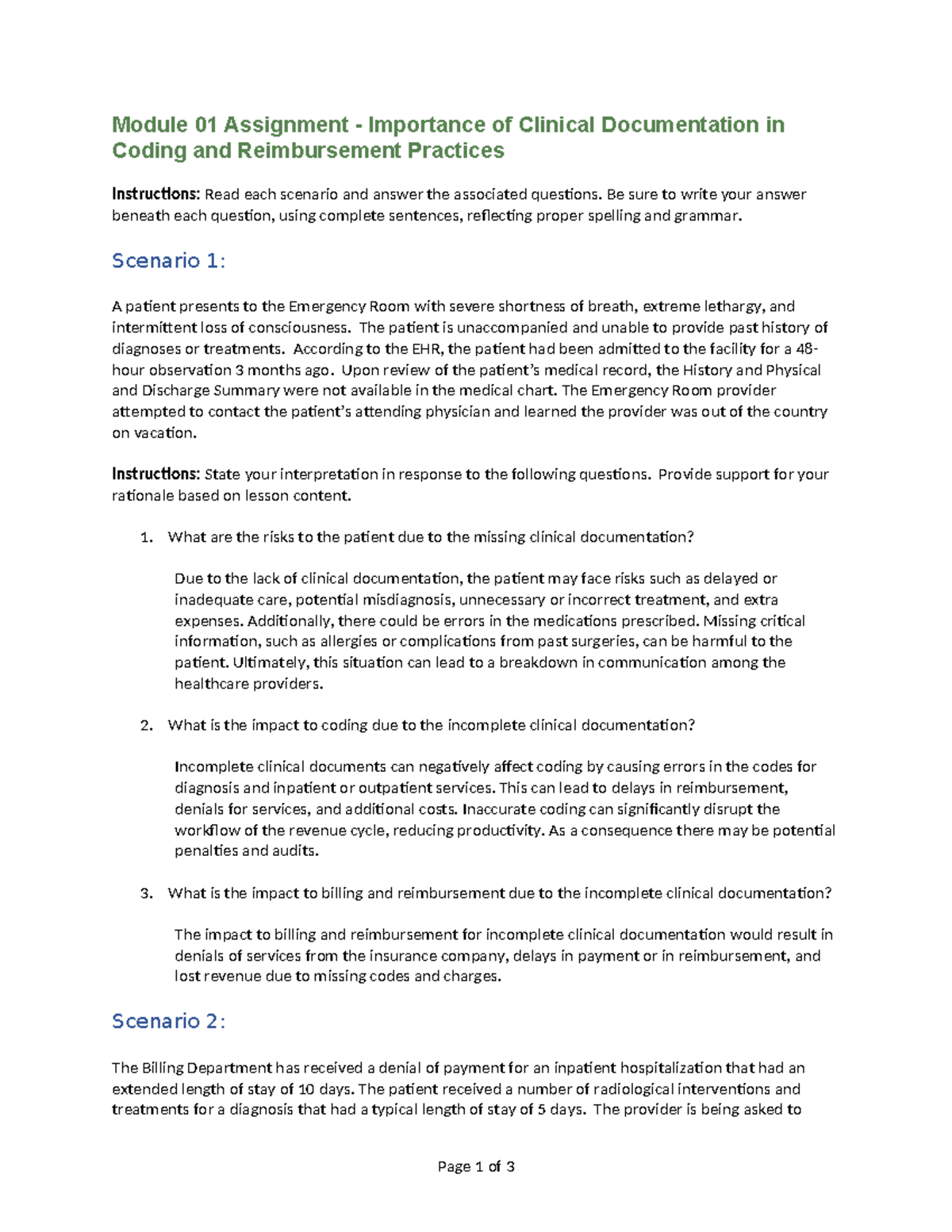 Mod01Assignment Worksheet: Clinical Documentation Risks & Impacts - Studocu