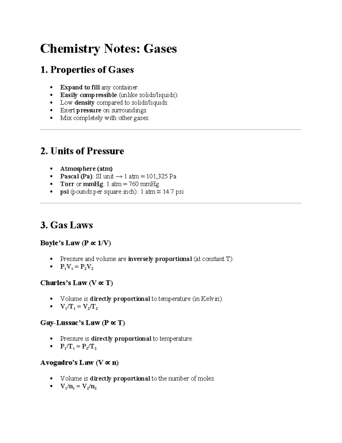 Gen Chem: Gases - Properties, Laws, and Pressure Units - Studocu