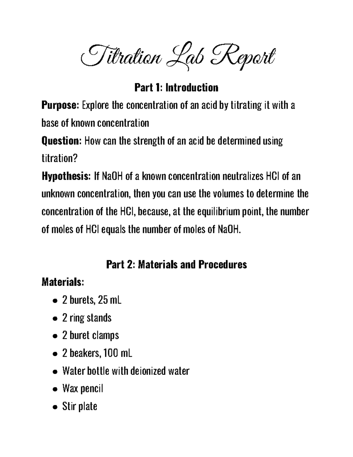 Lab Report For Titration - T itration Lab Report Part 1: Introduction ...