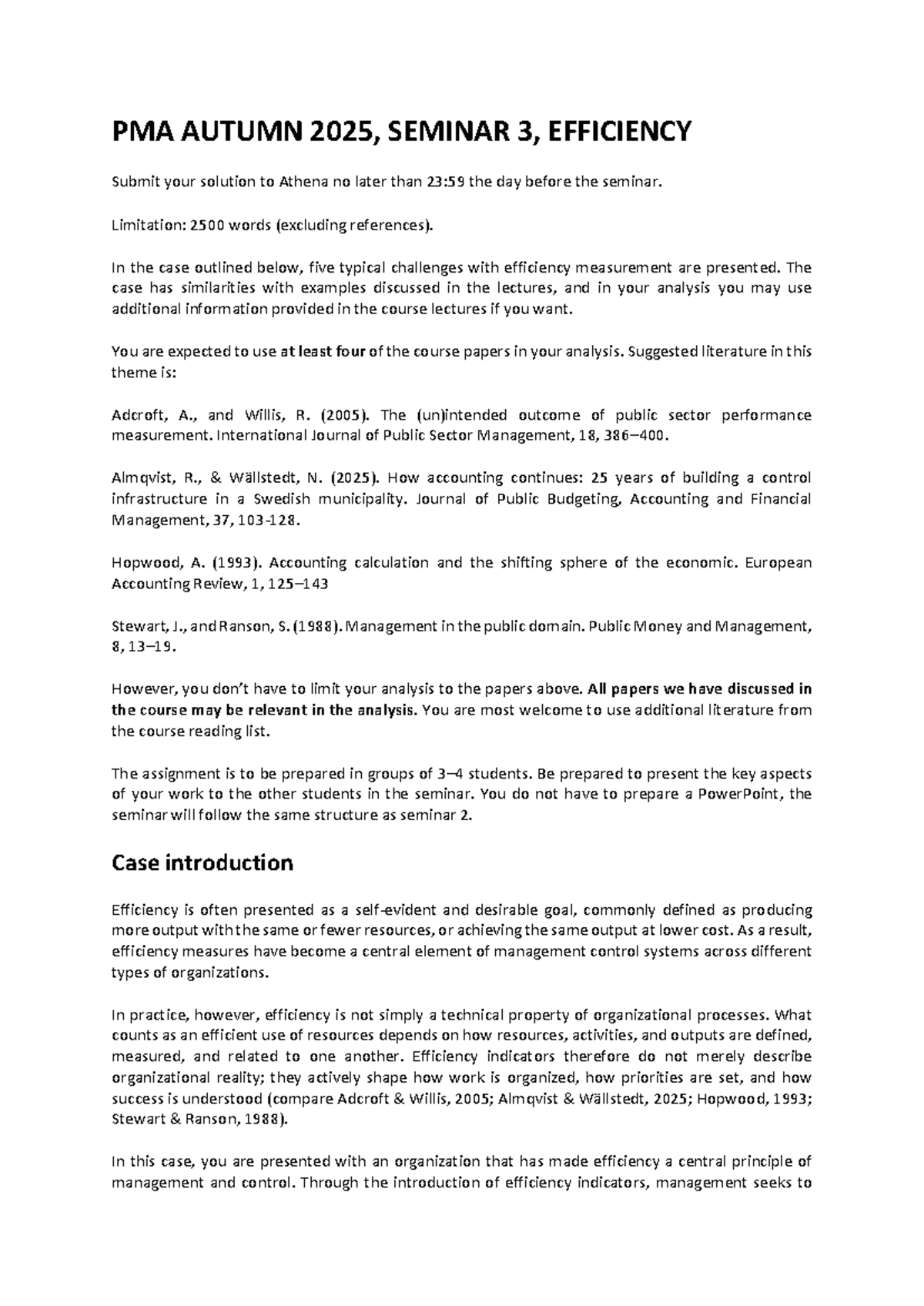 PMA AUTUMN 2025: Seminar 3 - Analyzing Efficiency Challenges - Studocu