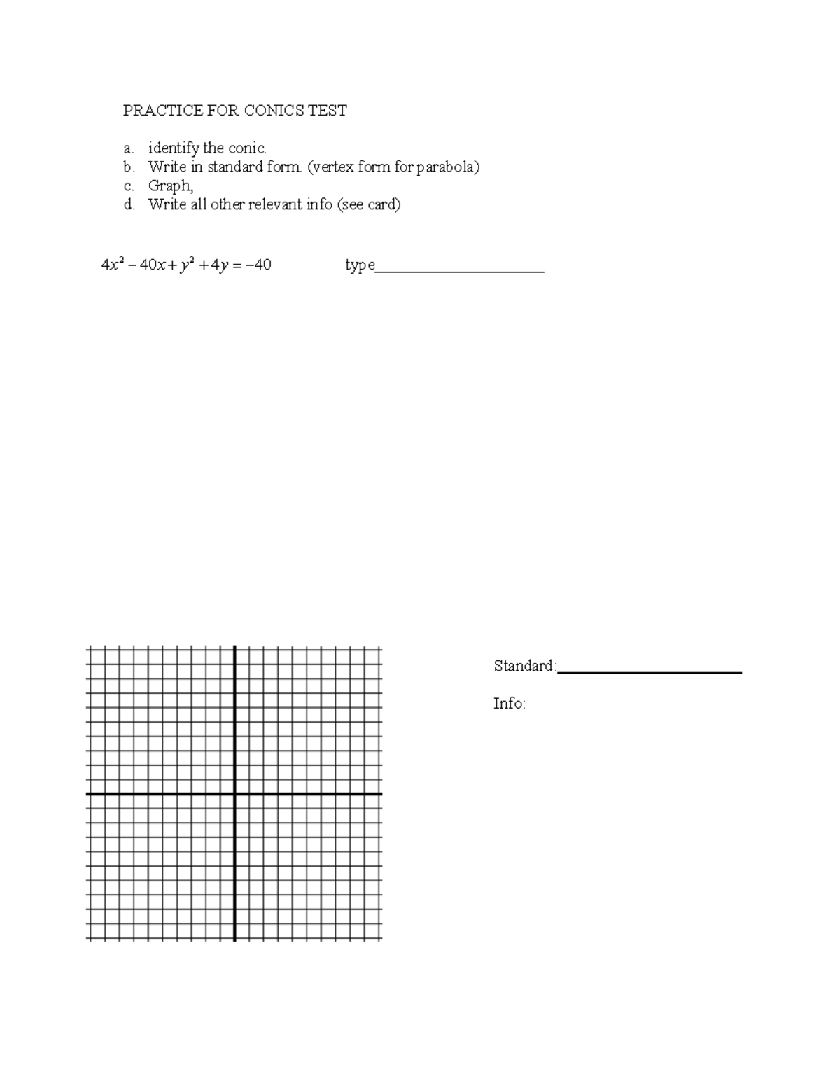 Conics Practice Test: Identification, Standard Form & Graphing ...