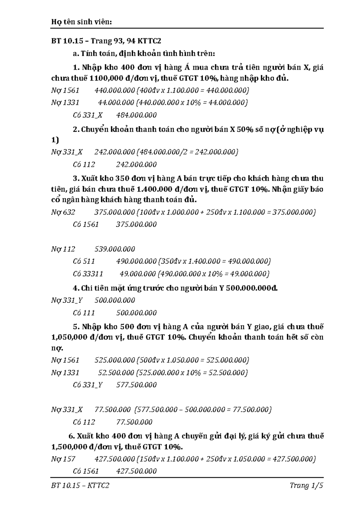 BT 10.15 - KTTC2 UEH - Giải bài tập Kế toán tài chính 2 UEH - Studocu