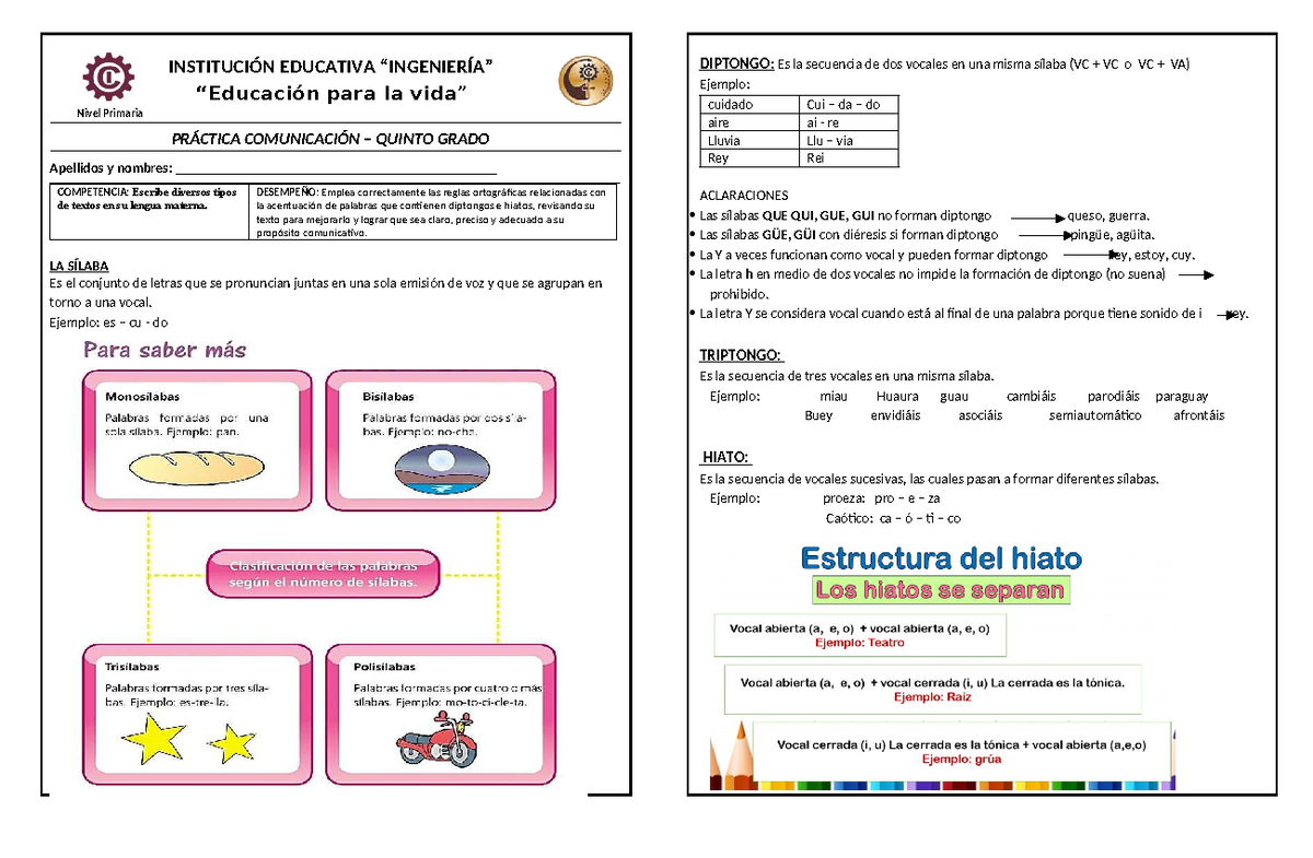 Práctica de Diptongos e Hiatos - Quinto Grado Comunicación - Studocu