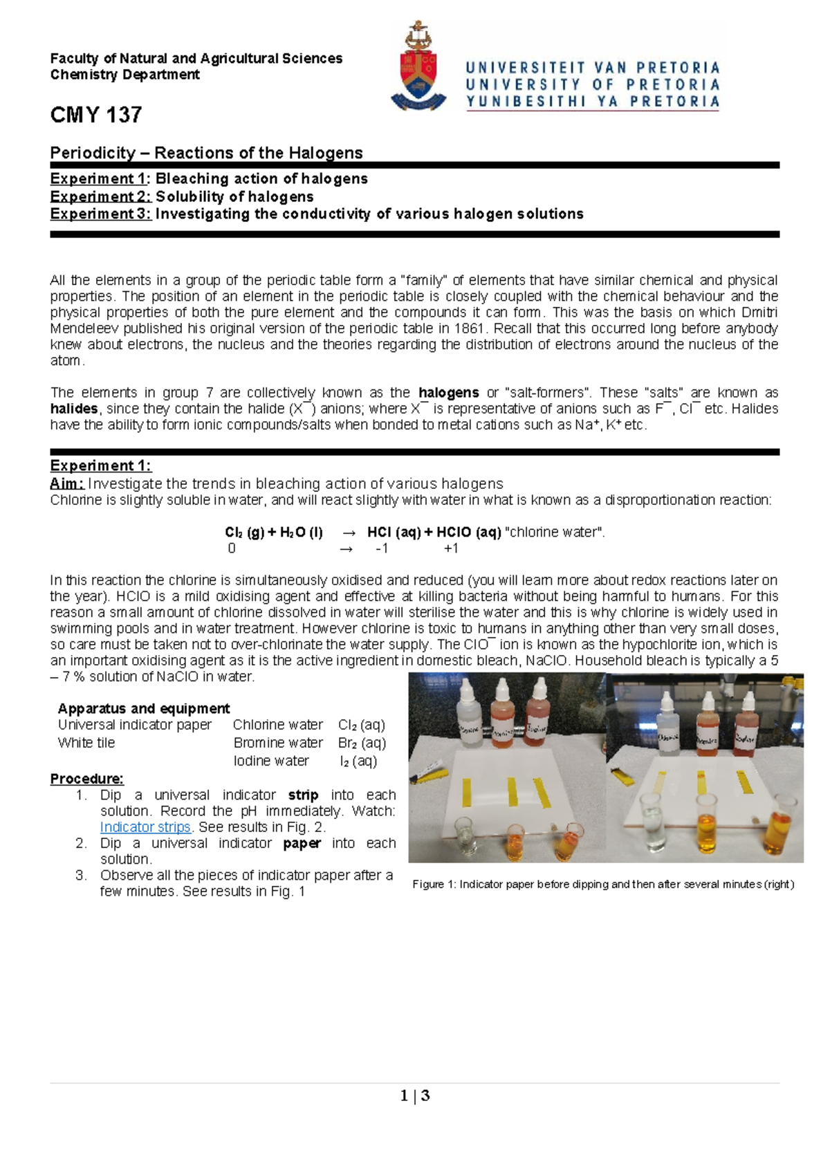 CMY137 Practical Halogens Methodology Word - Figure 1: Indicator paper ...