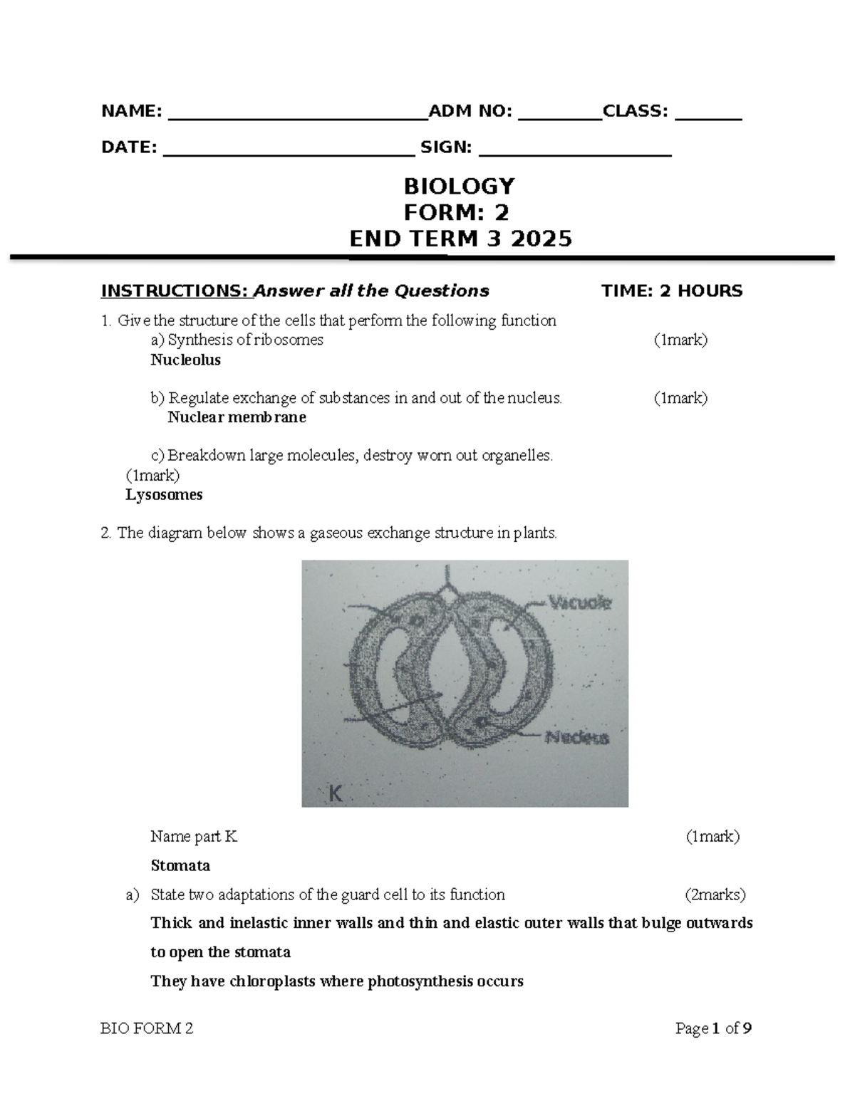 Biology F2 End Term Exam 2025 - Answer Key and Marking Scheme - Studocu