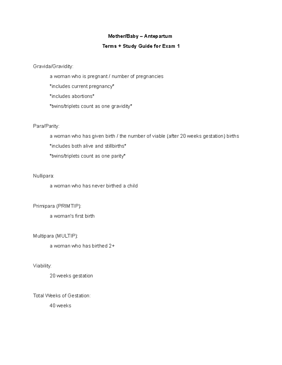 NUR 335 Mother/Baby Antepartum Exam 1 Study Guide - Studocu