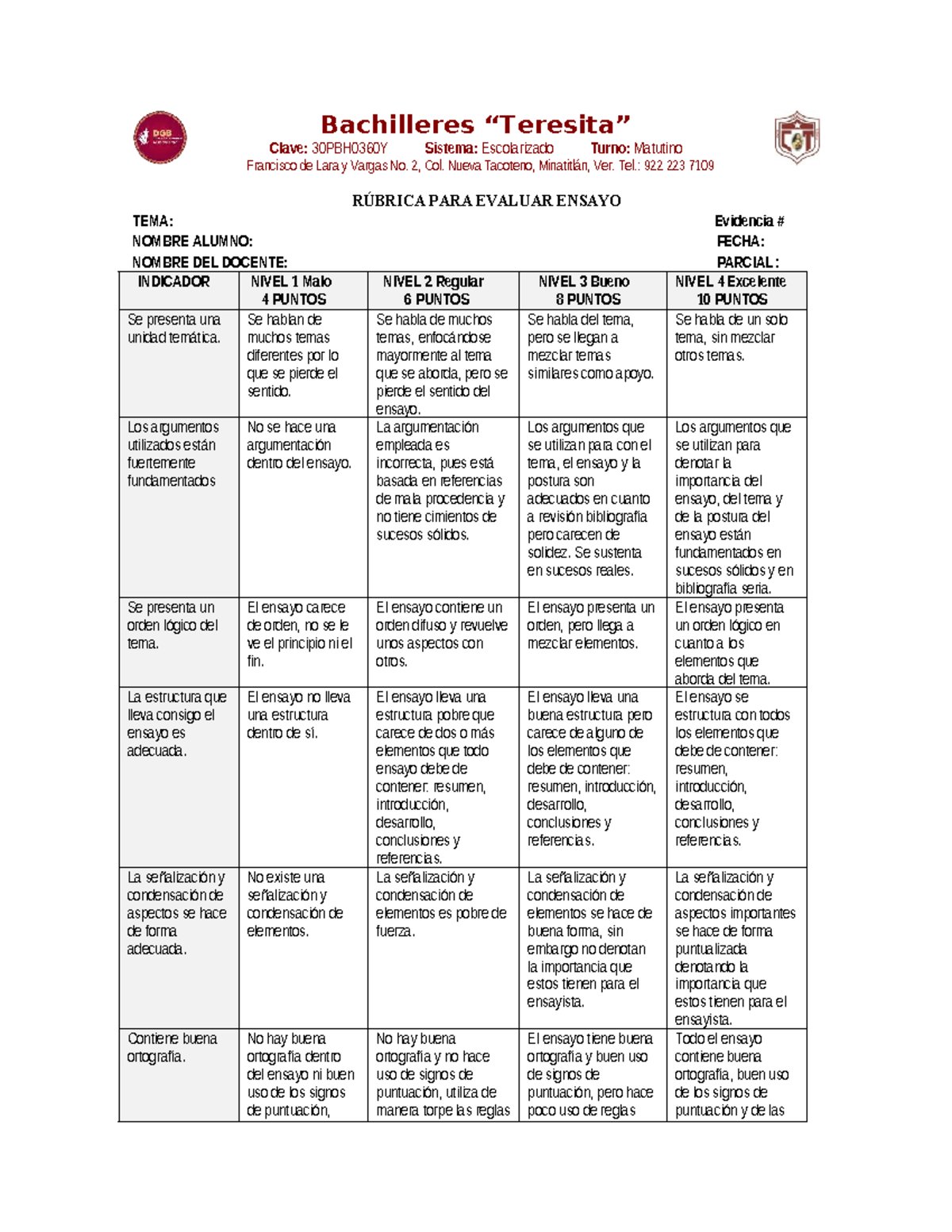 Rúbrica para Evaluar Ensayo - Bachilleres 30PBH0360Y - Studocu