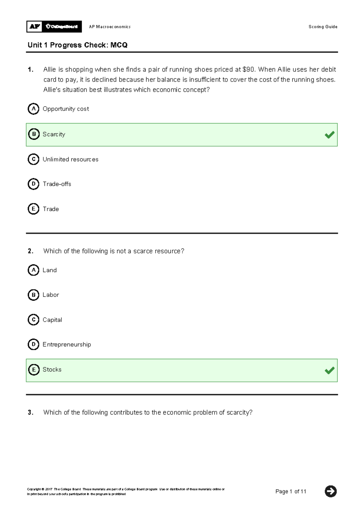 AP Macroeconomics Unit 1 Progress Check: MCQ Scoring Guide - Studocu