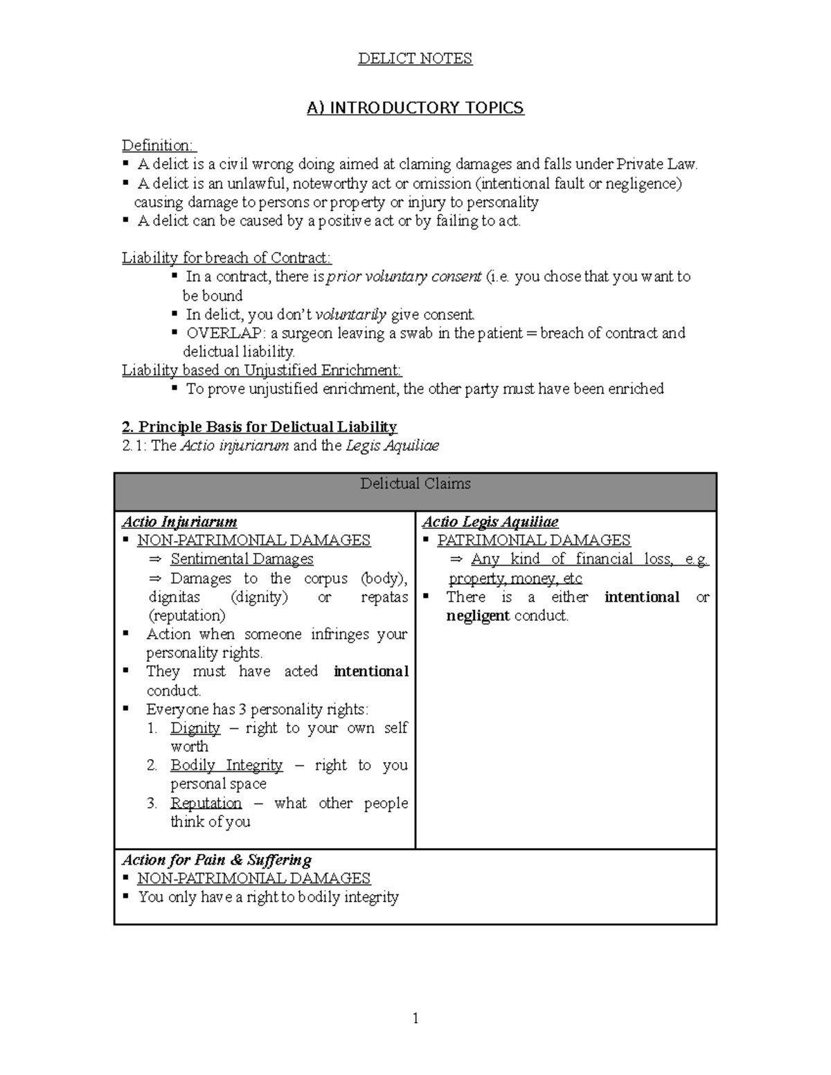 Delict Print ME - lecture notes - A) INTRODUCTORY TOPICS Definition: A ...