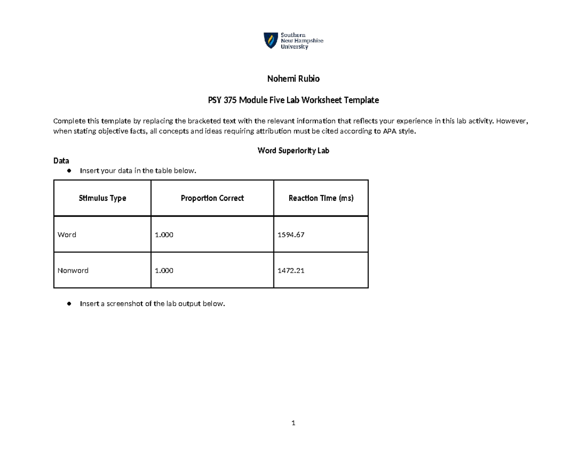PSY 375 Module Five Lab Worksheet NR - Nohemi Rubio PSY 375 Module Five ...