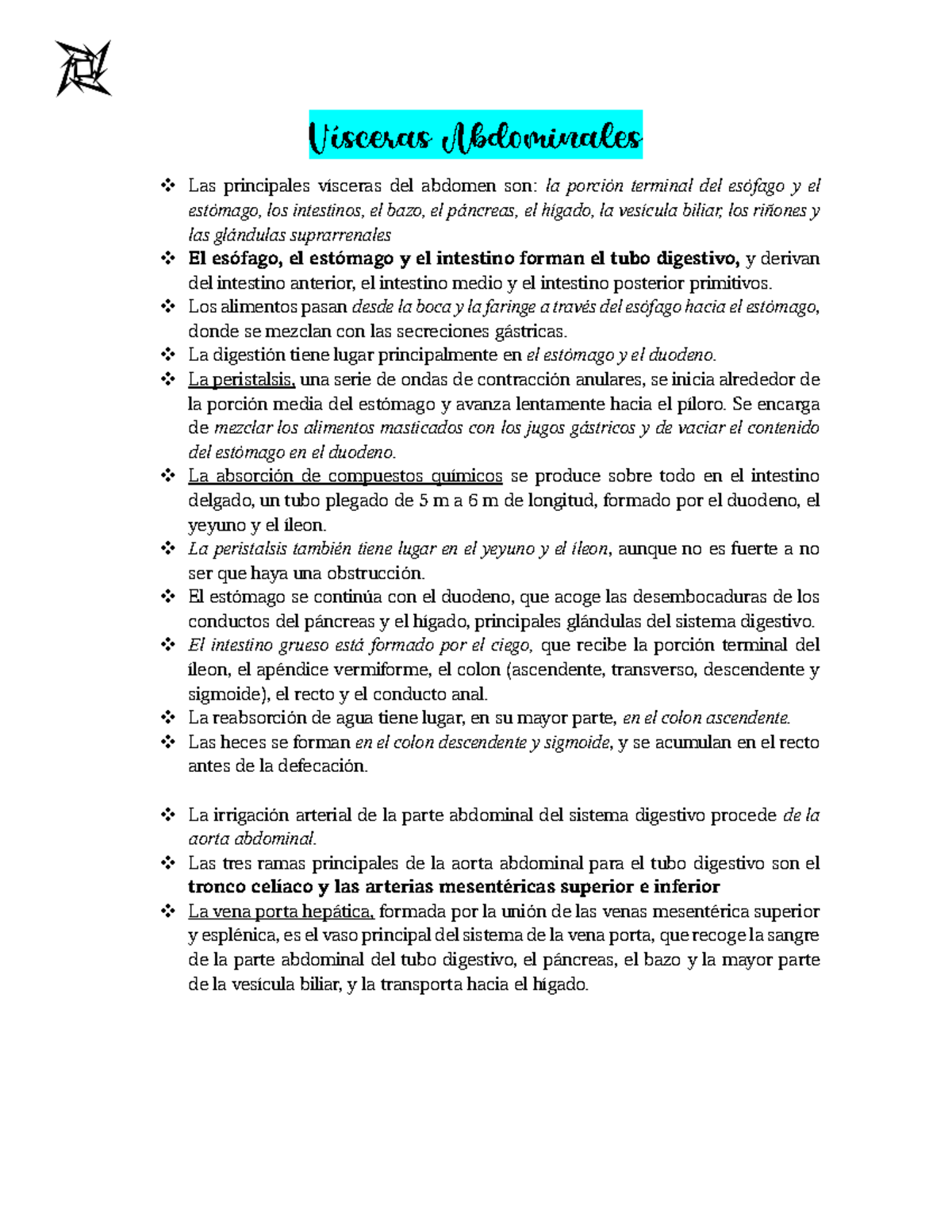Visceras Abdominales: Generalidades y Esófago - Studocu