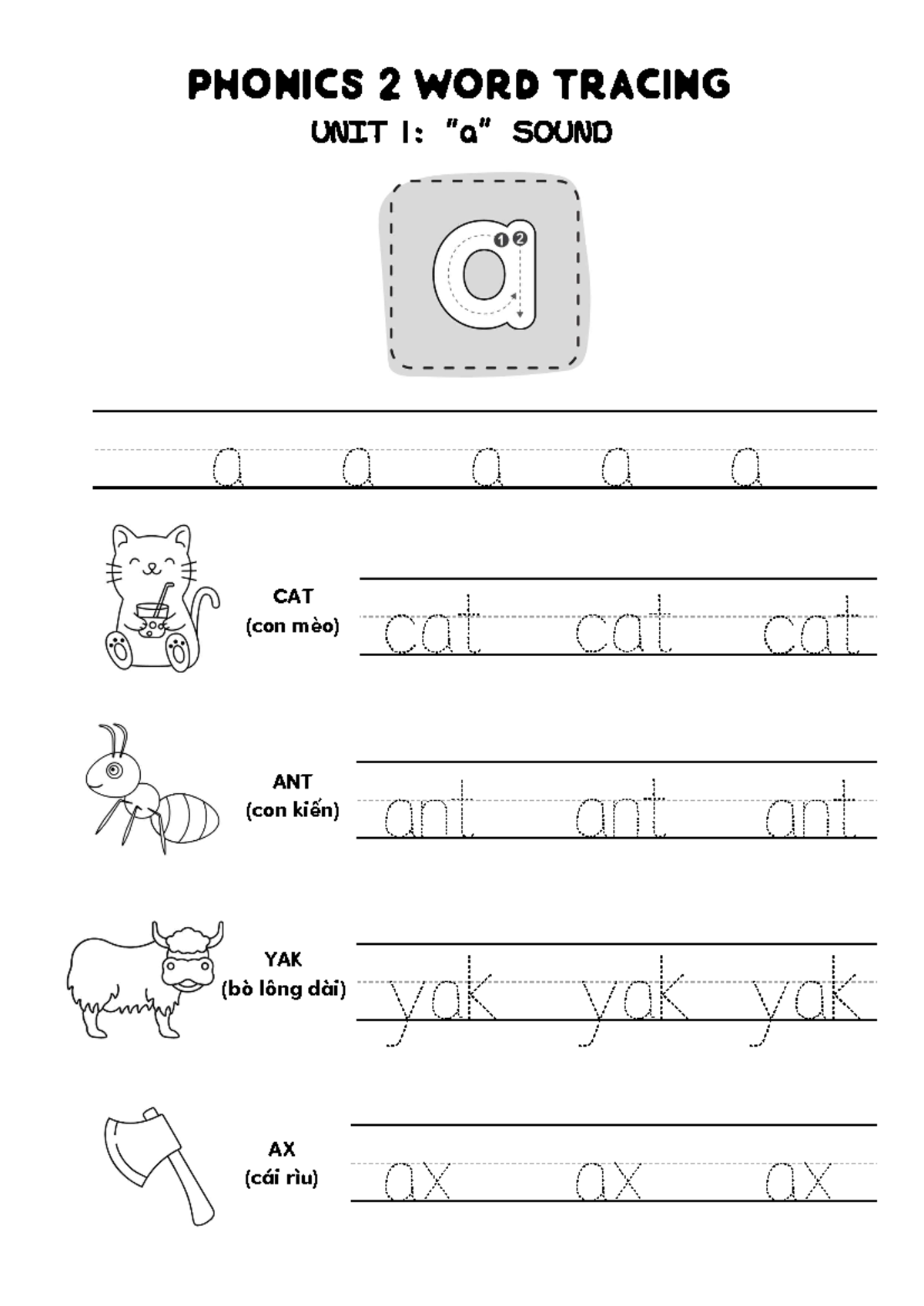 Tracing BOOK ( Phonics 2) - CAT (con mèo) ANT (con kiến) YAK (bò lông ...