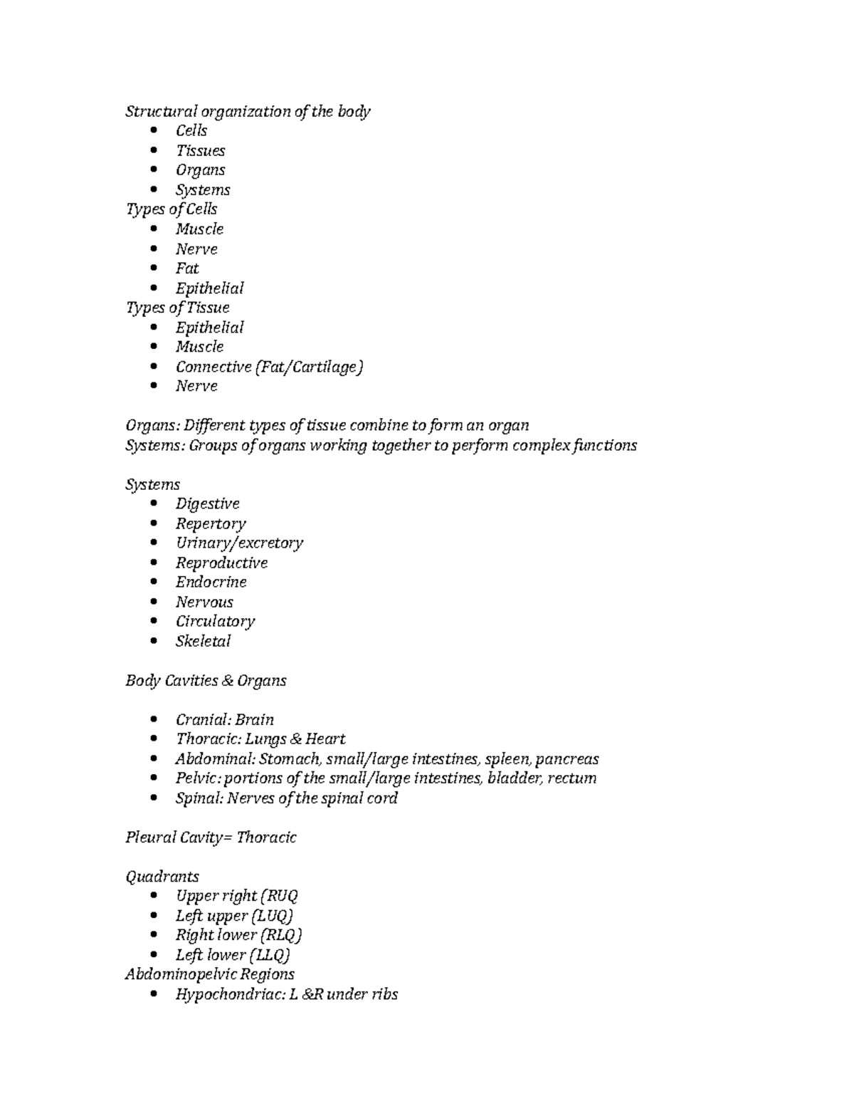 Medical Terminology: Chapter 2 Notes on Body Organization and Systems ...