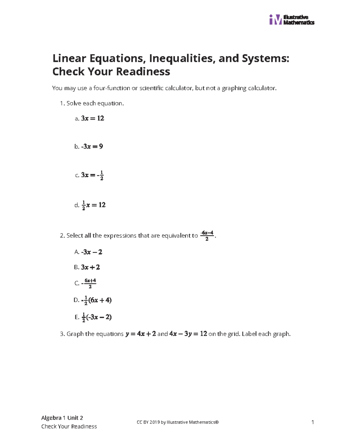 Algebra 1 2 Check Your Readiness Assessment Guide - Studocu