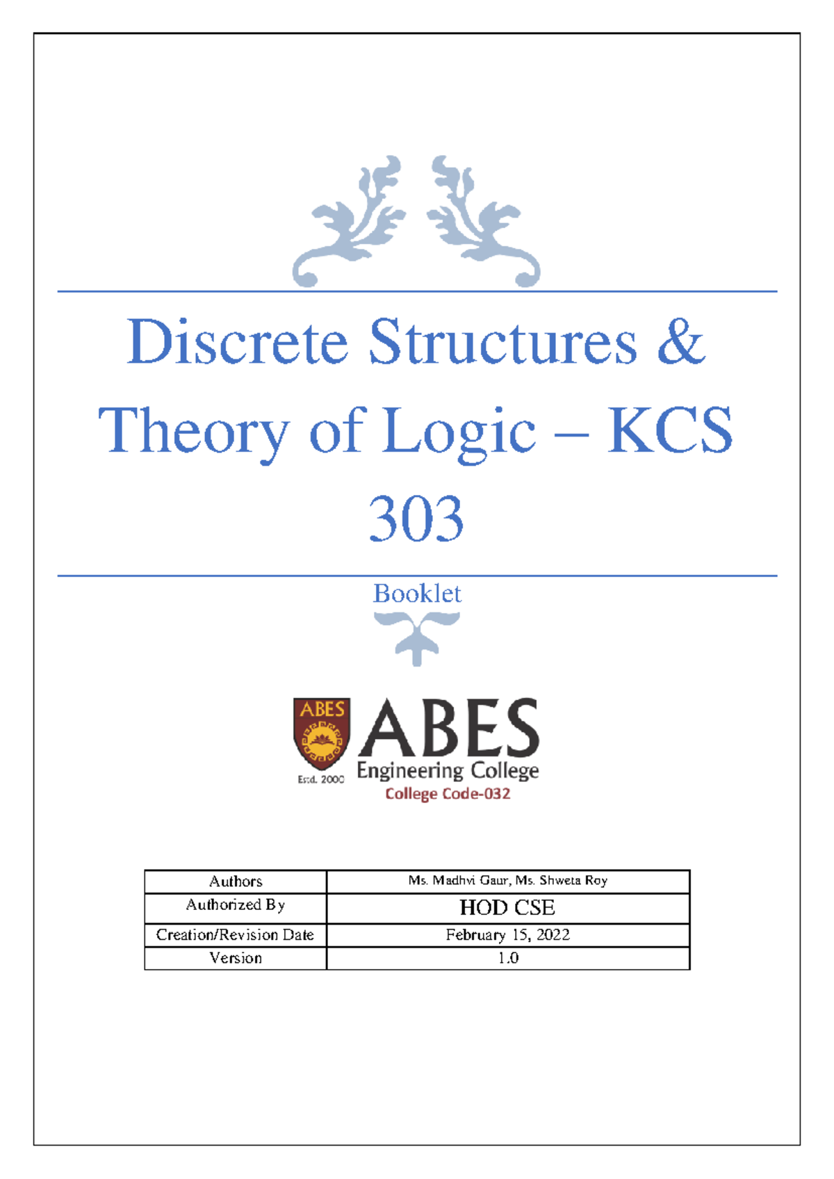 DSTL KCS 303 - Discrete Structures and Logic Theory Booklet - Studocu