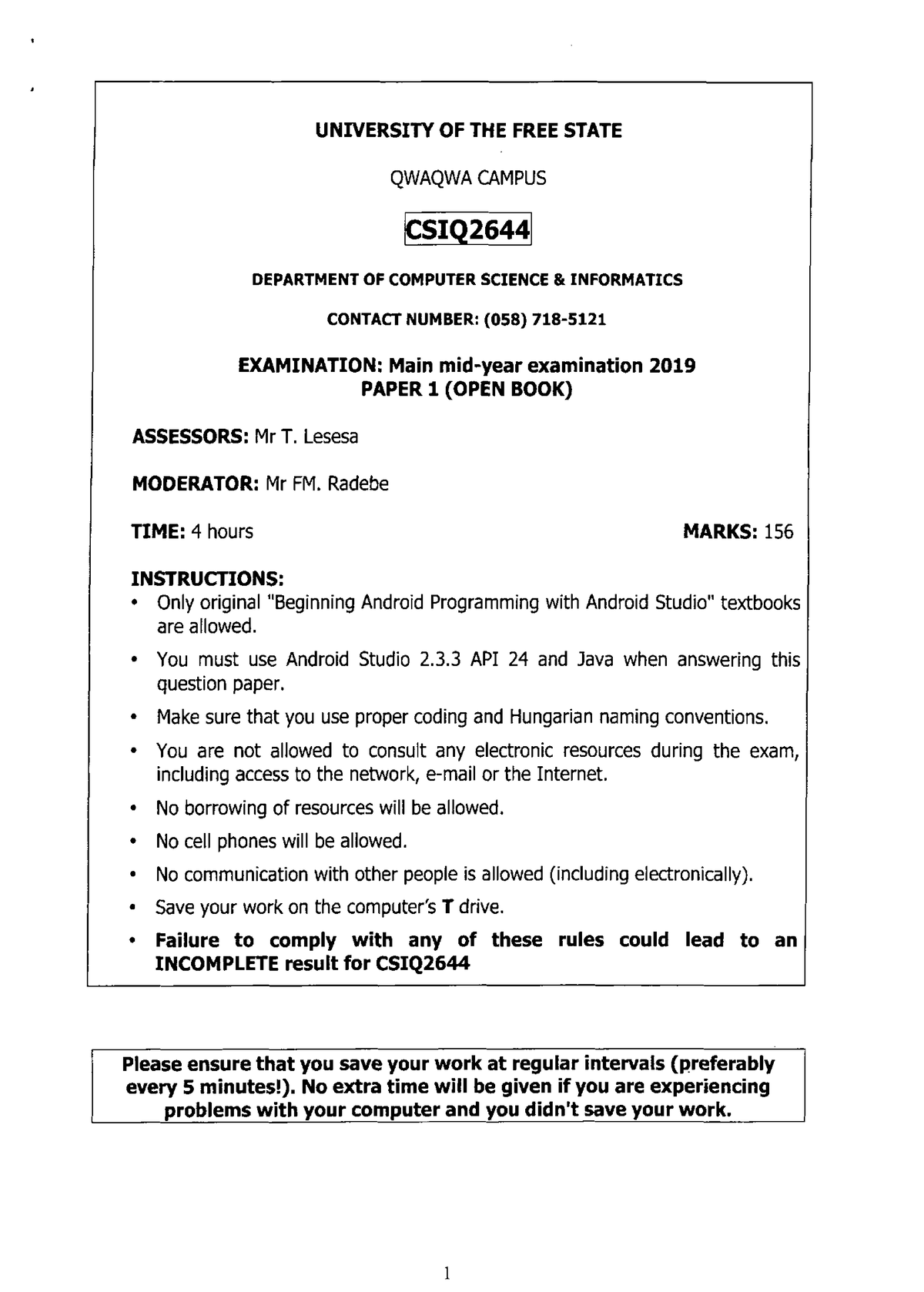 CSIQ2644 Final Exam Paper 1: Android Programming 2019 - Studocu