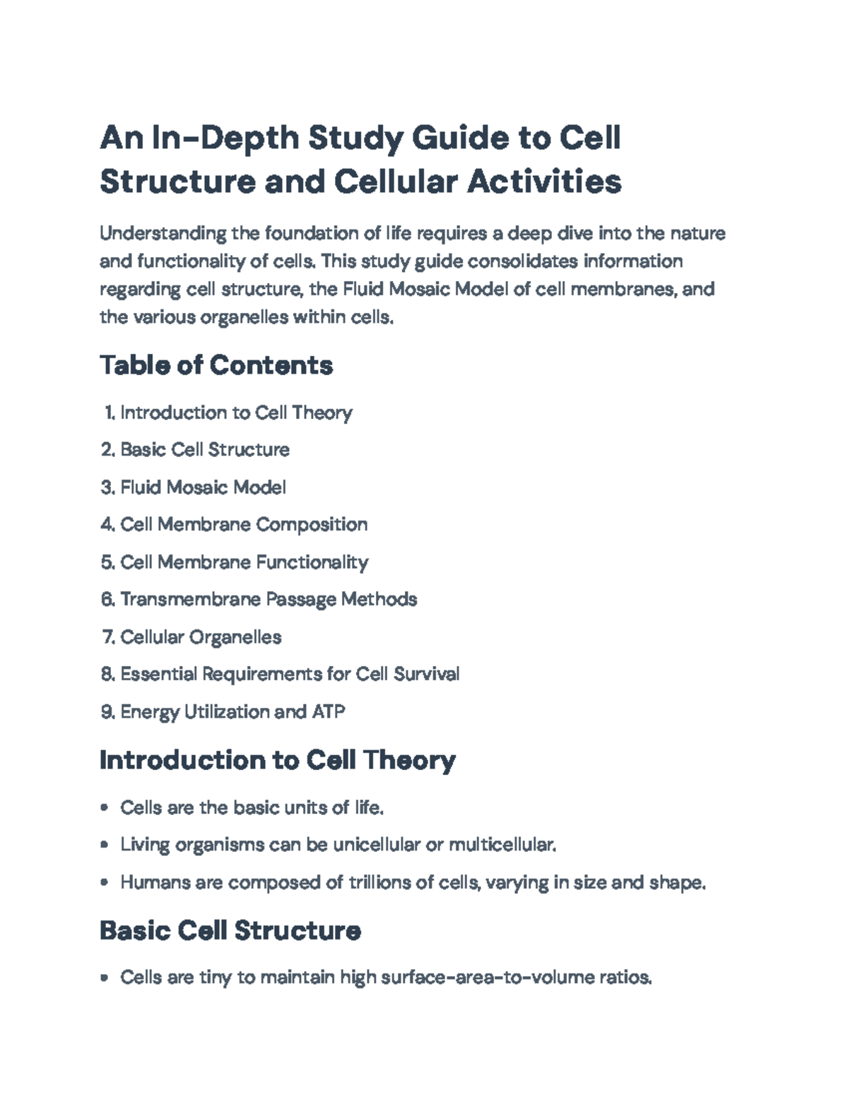 Comprehensive Study Guide on Cell Structure & Function (Bio 101) - An ...