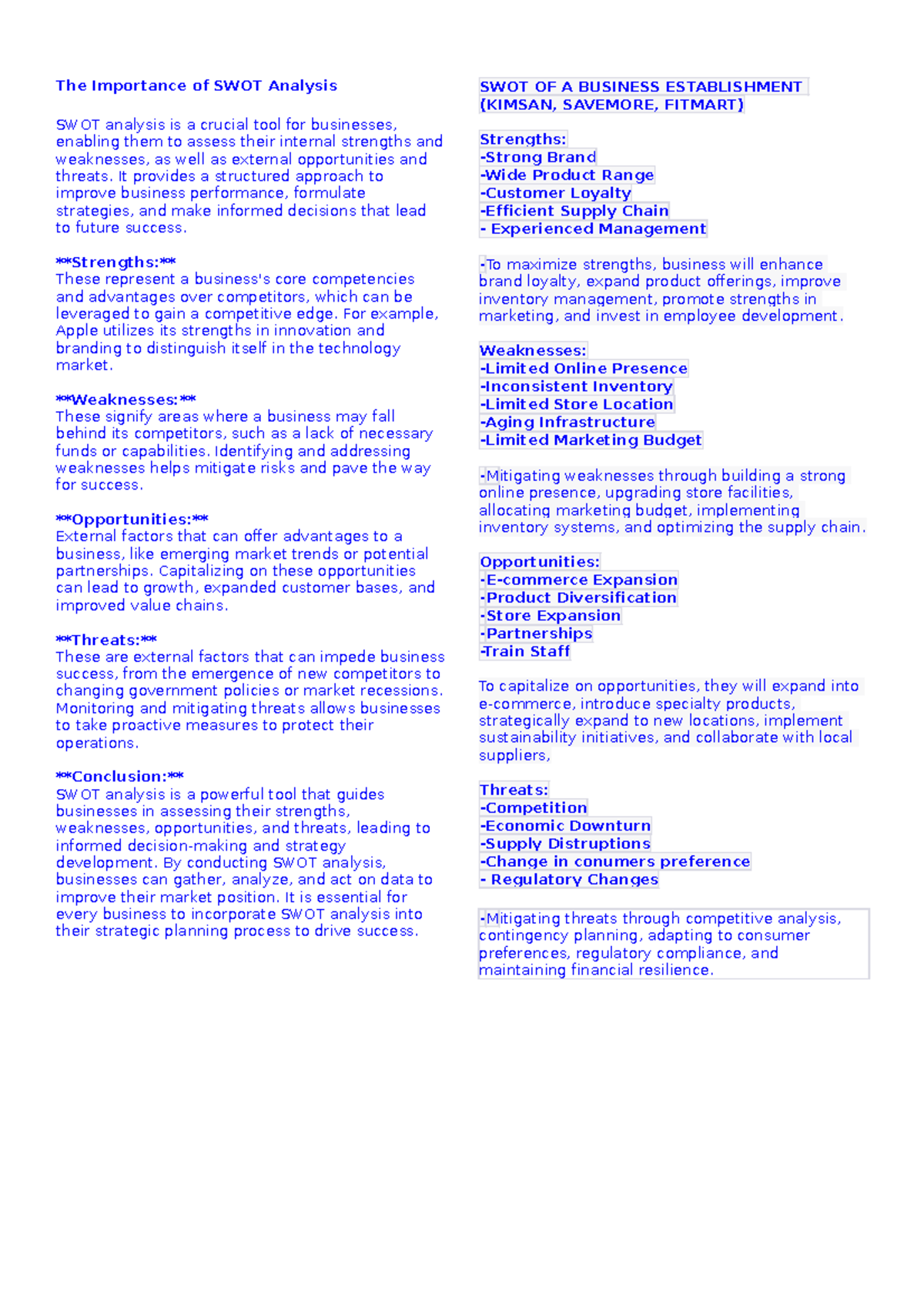 SWOT Analysis for Business Strategy and Development Concepts - Studocu