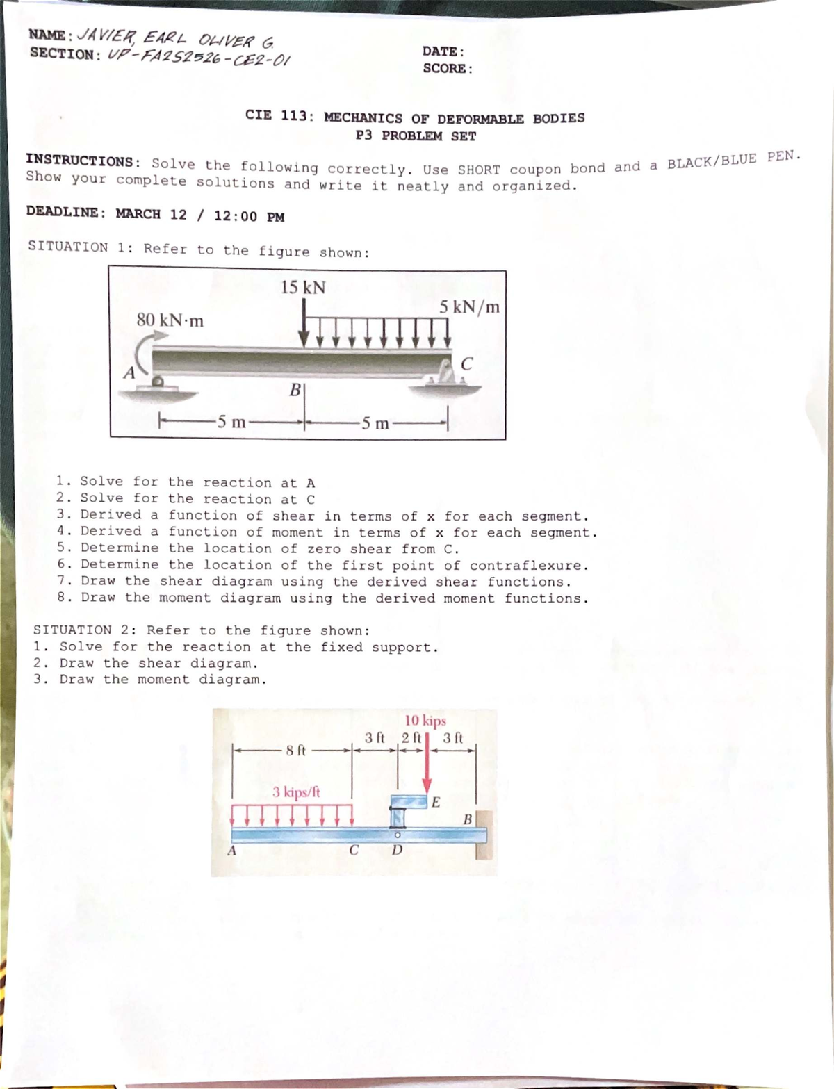 Mechanics of Deformable Bodies CIE 113: P3 Problem Set Solutions - Studocu