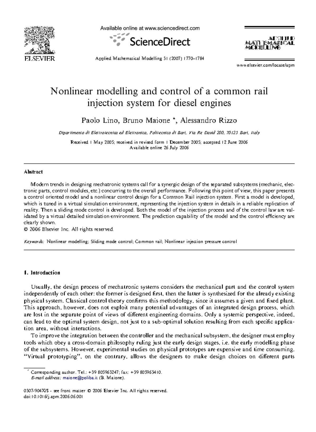 Nonlinear Modelling & Control of Diesel Engine Injection System (ENG ...