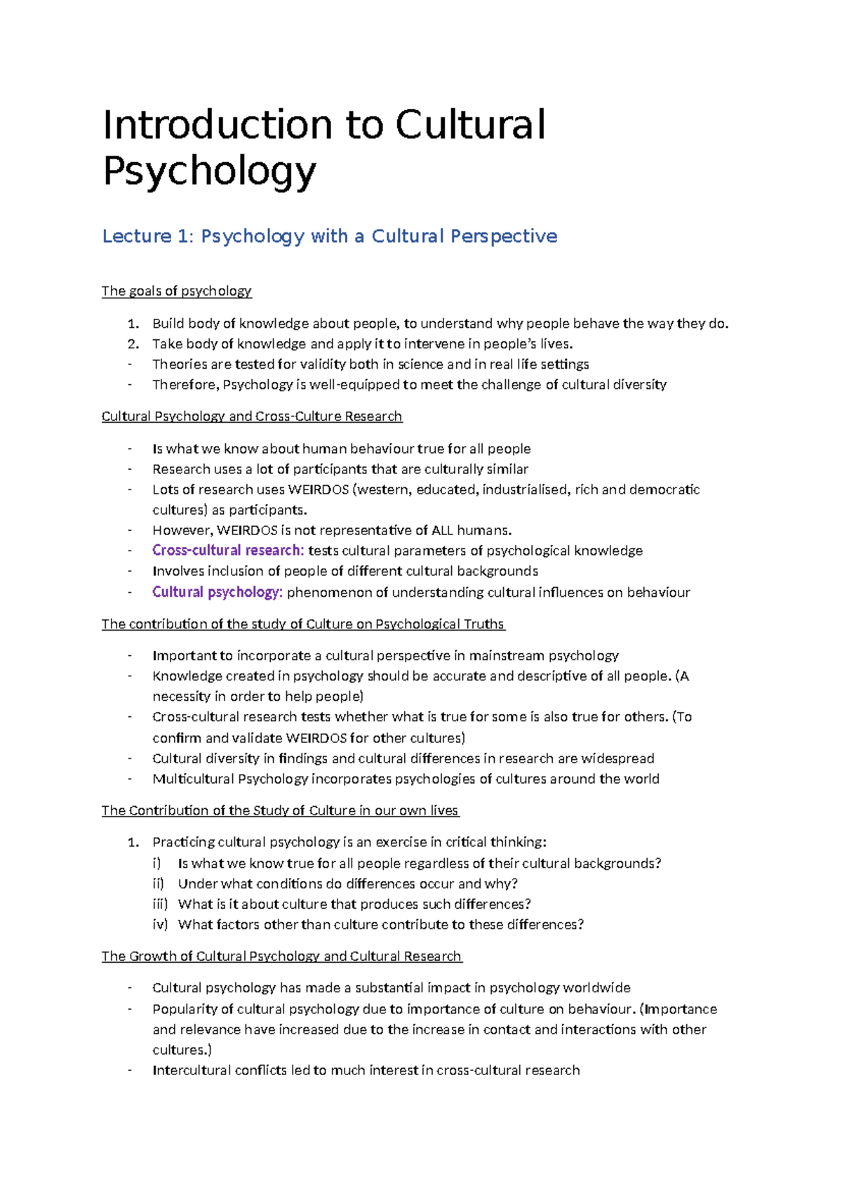 PSY101 L1 - Intro to Cultural Psychology: Key Concepts and Insights - Studocu