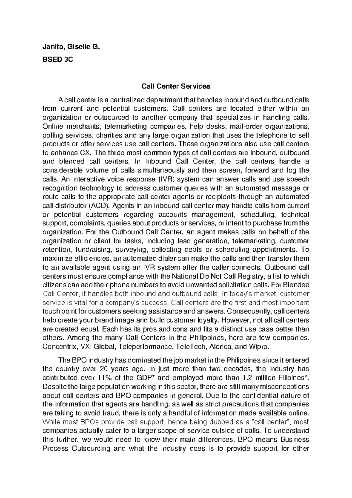 Call Center - EPIC - Janito, Giselle G. BSED 3C Call Center Services A ...