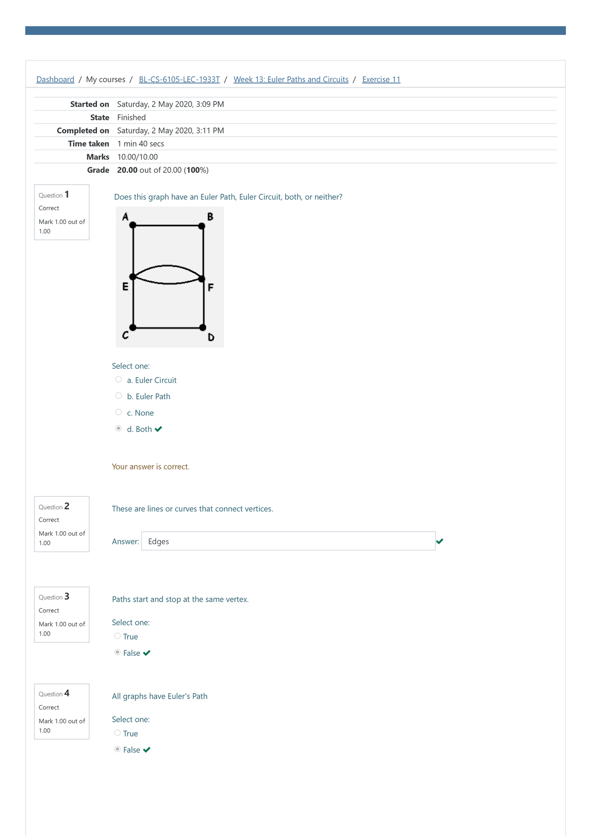 BL-CS-6105 Exercise 11 Review: Euler Paths & Circuits Overview - Studocu