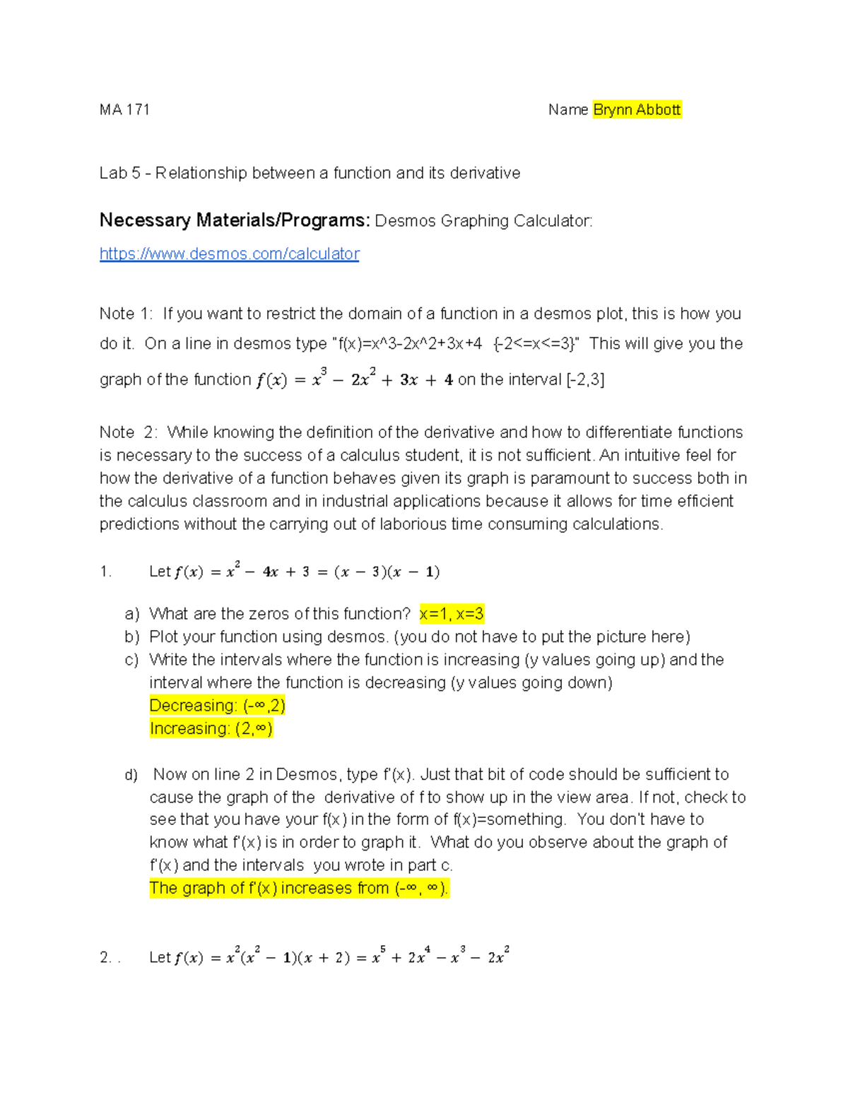 Lab MA 171: Exploring the Relationship Between Functions and ...