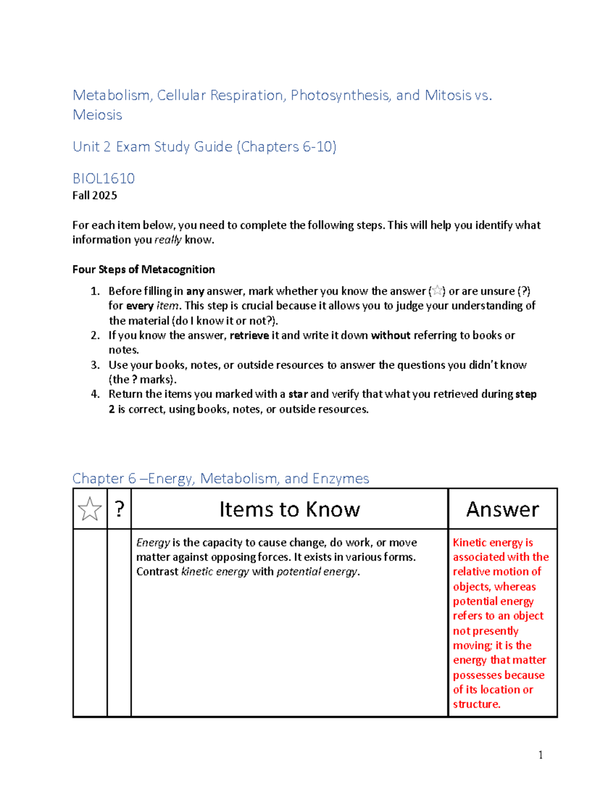 BIOL1610 Unit 2 Exam Study Guide: Metabolism, Respiration & Mitosis ...