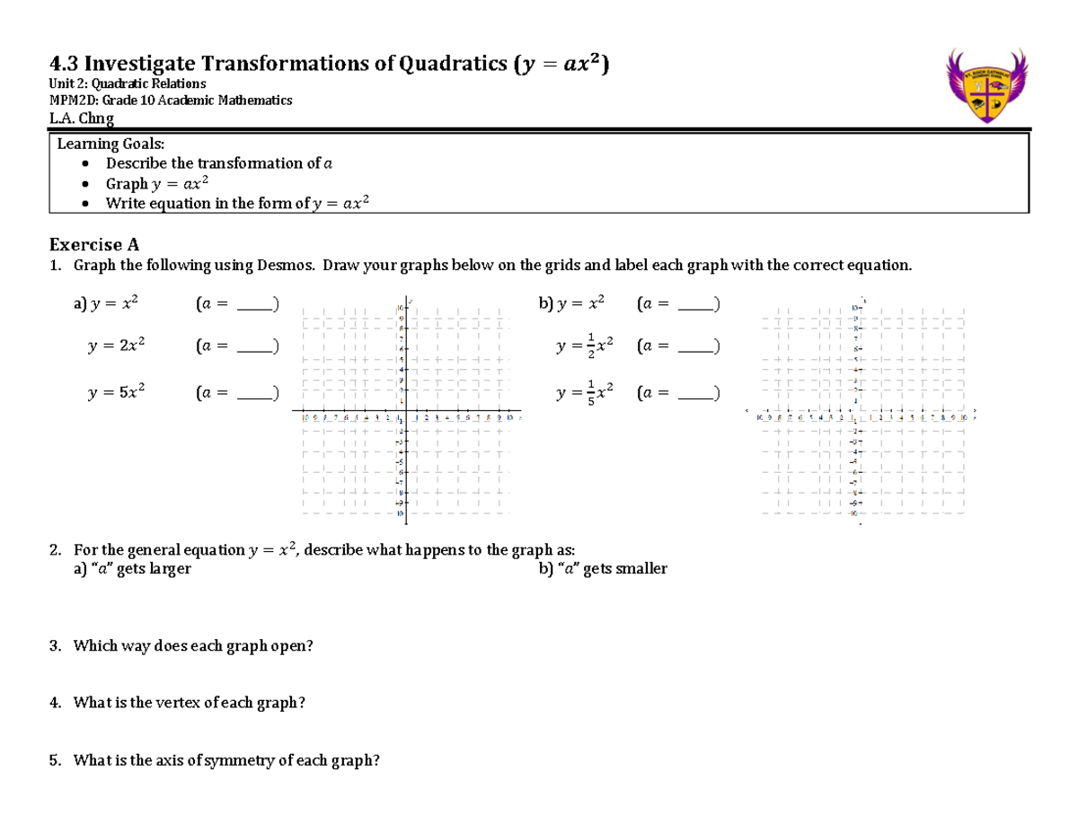 MPM2D: Grade 10 Quadratic Transformations - Unit 2 Study Guide - Studocu