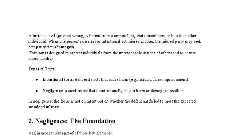 Law122 Week 4: Understanding Torts and Negligence Principles - Studocu