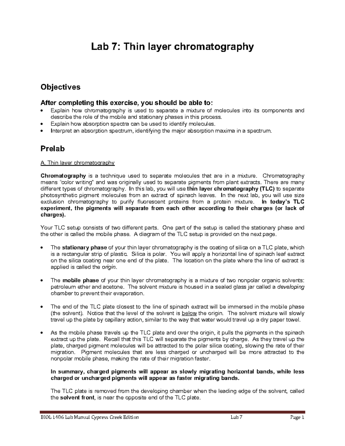Lab 7: Thin Layer Chromatography of Photosynthetic Pigments (BIOL 1406 ...
