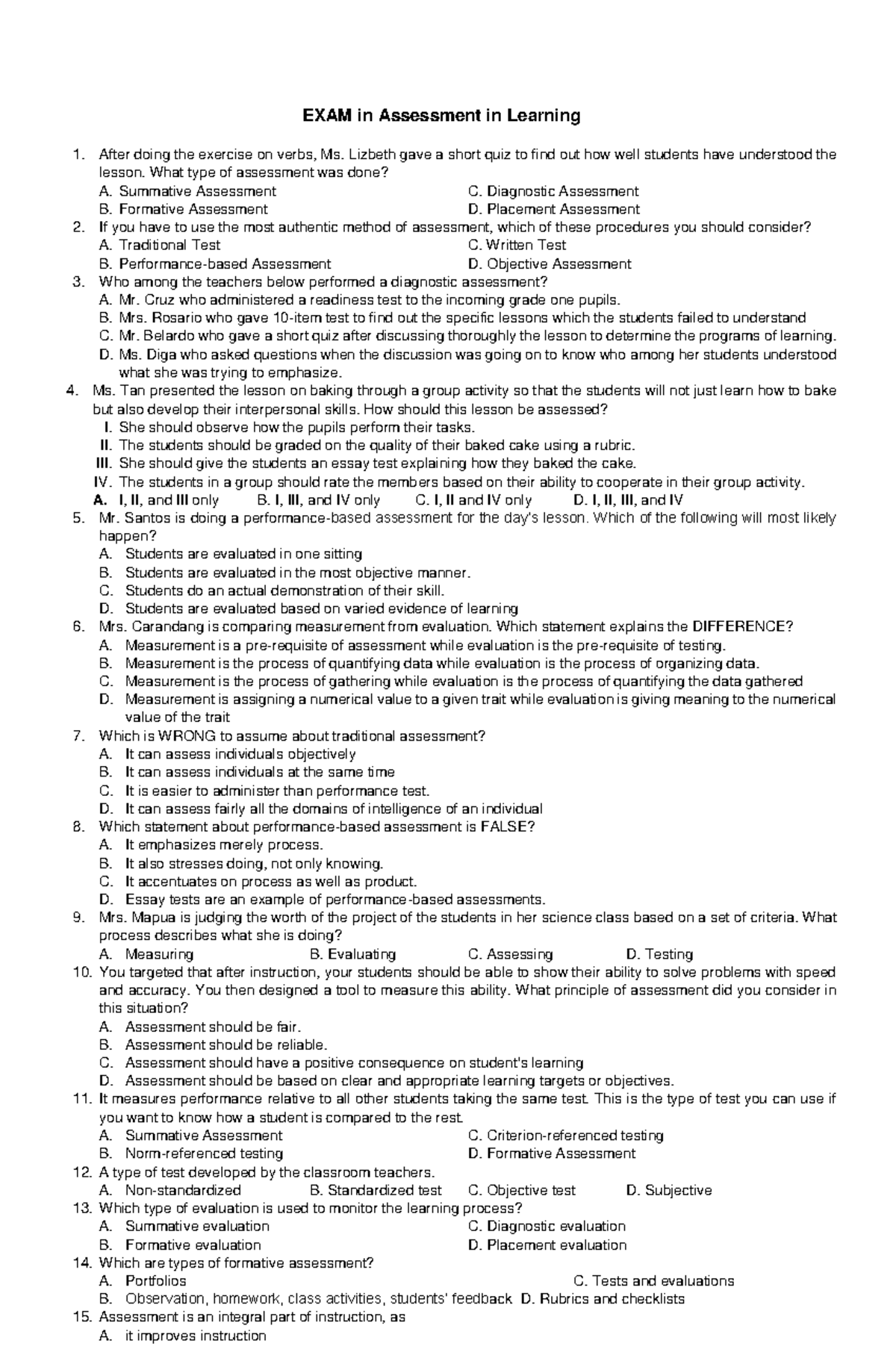 Assessment in Learning 1: Exam Review and Quiz Questions - Studocu