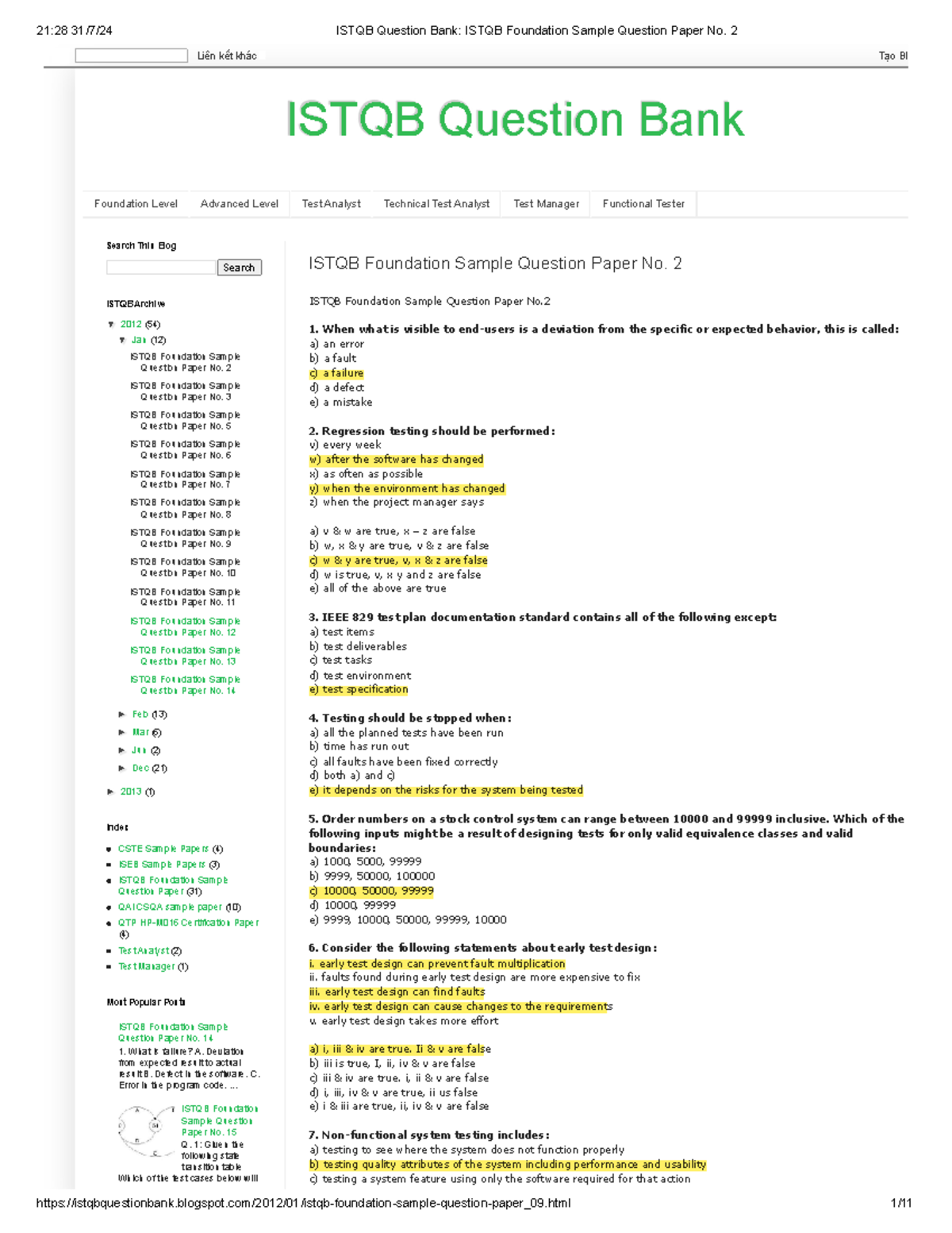 ISTQB Foundation Sample Question Paper No. 2 - Comprehensive Review ...