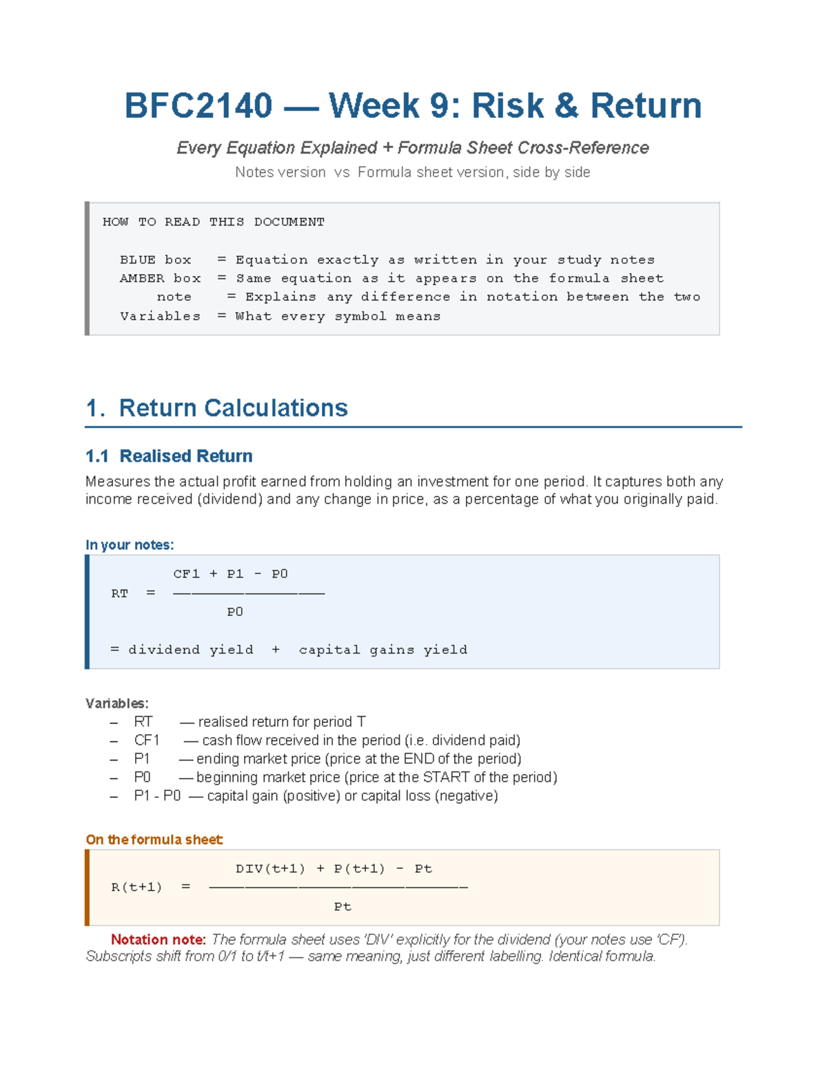 BFC2140 Week 9: Risk and Return Equations Explained - Studocu